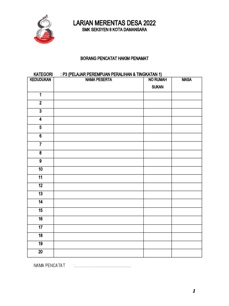 BORANG - PENCATAT - PENAMAT - Sukan Olahraga Sekolah | PDF