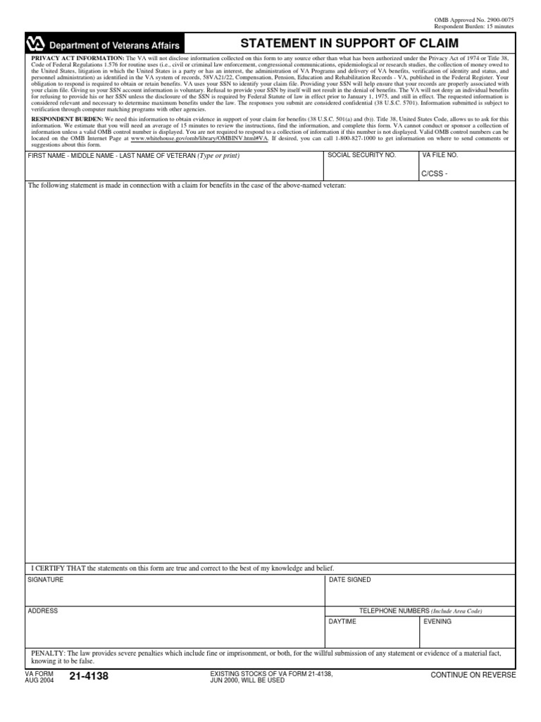 VA Form 21-4138, Aug 2004 | PDF | United States Code | Social Security ...
