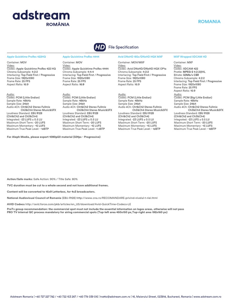 AdStream Specificatii Tehnice | PDF | Video | Film And Video Technology