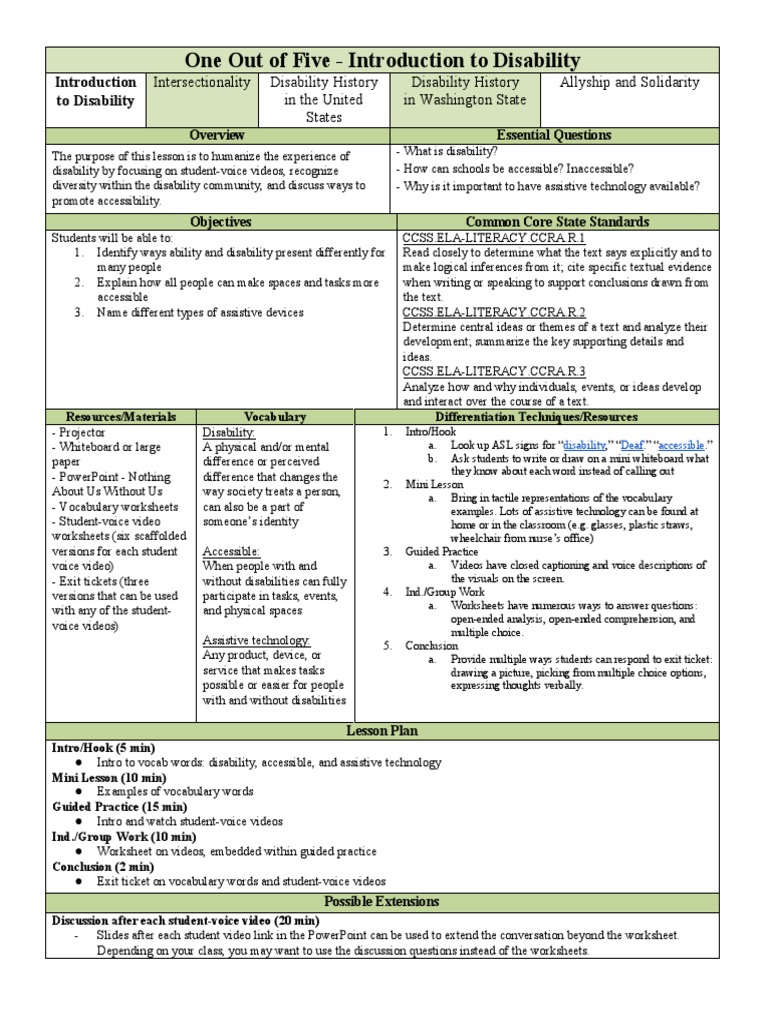 Lesson 1 - Intro To Disability Lesson Plan and Resources | PDF ...