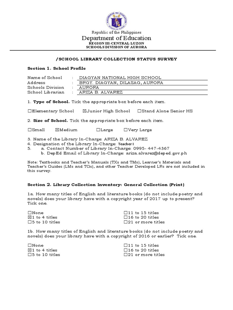 Diagyan National High School Library Survey | PDF | Libraries