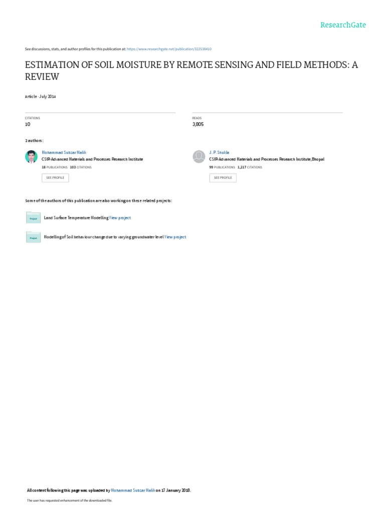 Estimation Of Soil Moisture By Remote Sensing And Field Methods A