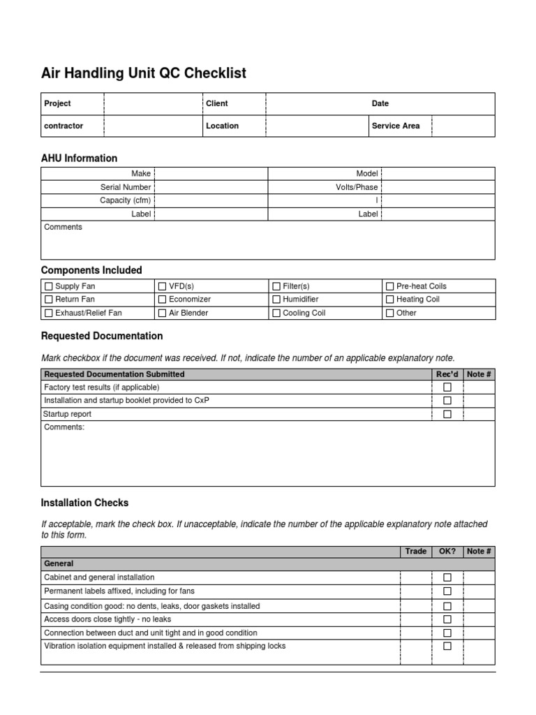 Air Handling Unit QC Checklist: AHU Information | PDF | Duct (Flow) | Valve