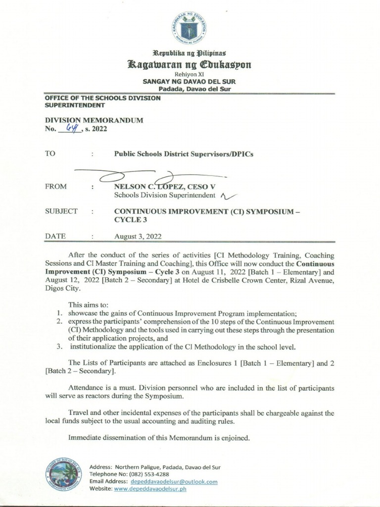 Division Memorandum S. 2022 No. 641 Continuous Improvement CI Symposium ...