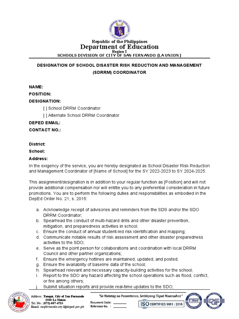 Department of Education: Republic of The Philippines | PDF | Emergency Management | Occupational ...