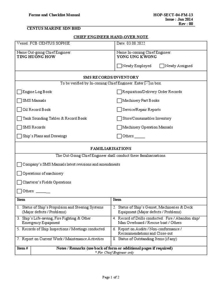 For Chief Engineer Only: Page 1 of 2 | PDF | Ships | Freight Transport