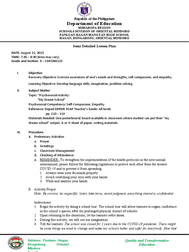 Psychosocial Lesson Plan for Grade 9 | PDF | Lesson Plan | Learning
