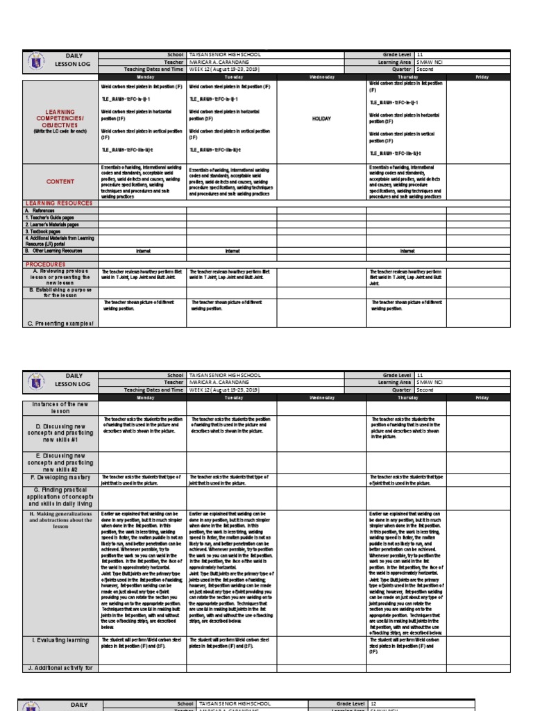 DLL Smaw and Perdev August 19-23 | PDF | Teachers | Teaching Method