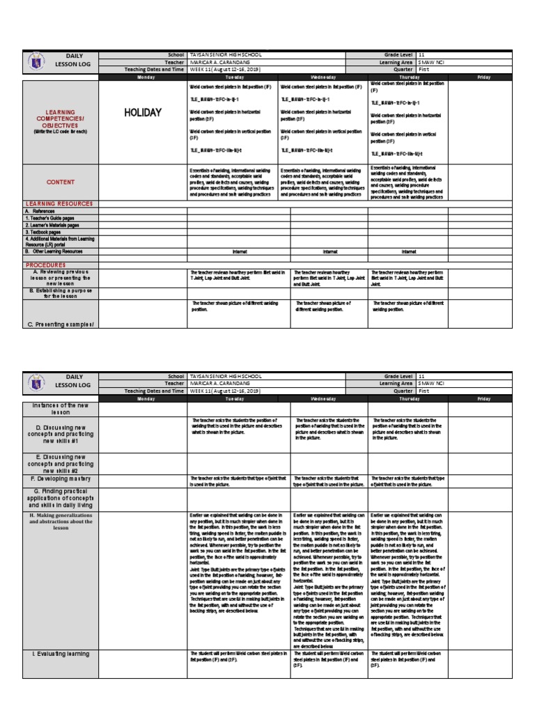 DLL Smaw and Perdev August 12-16 | PDF | Teachers | Learning