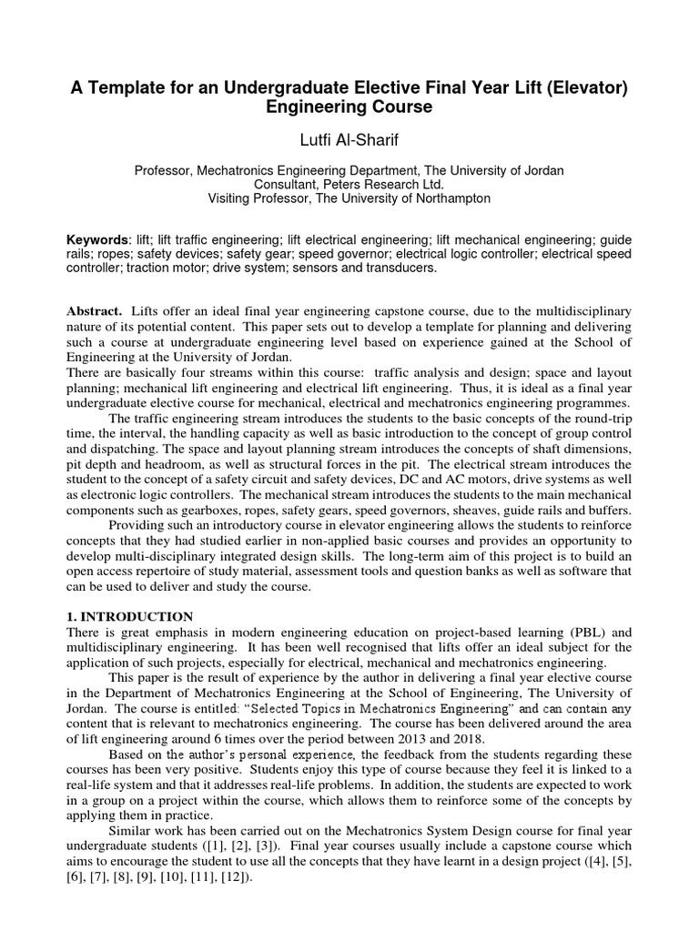 A Template For An Undergraduate Elective Final Year Lift (Elevator) Engineering Course | PDF ...