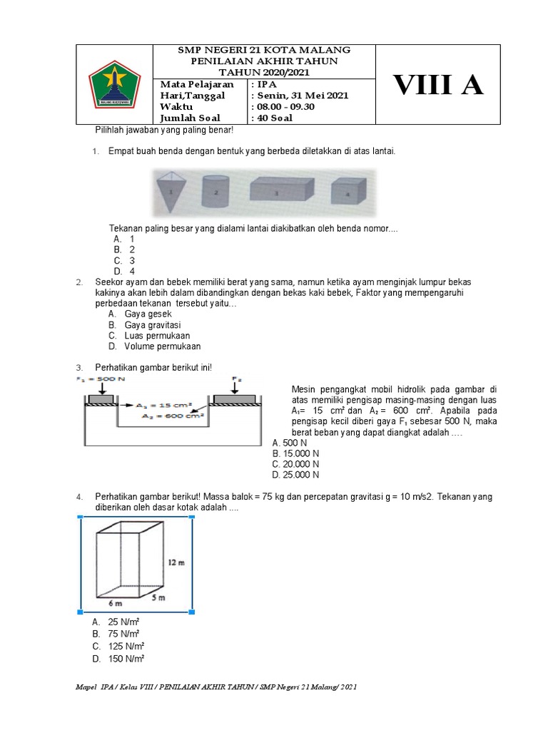 LAT PAT IPA KELAS 8 Kode A - (SOAL TA 2020-2021) | PDF
