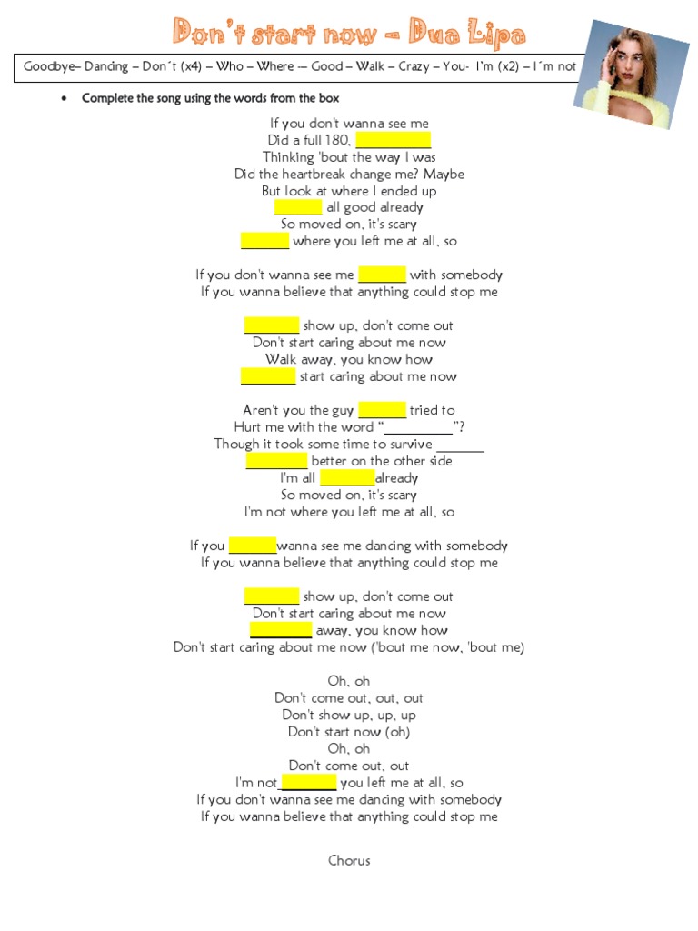 Dua Lipa - Don't Start Now Worksheet | PDF | Pop Songs | Songs