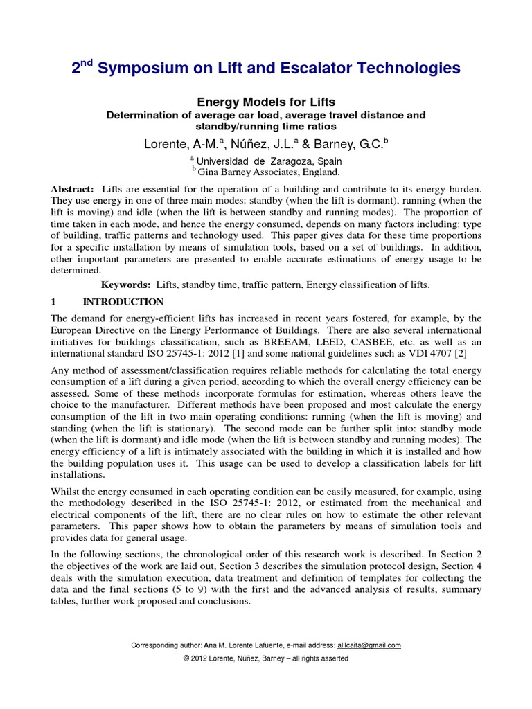 2 Symposium On Lift and Escalator Technologies: Lorente, A-M., Núñez, J.L. & Barney, G.C | PDF ...