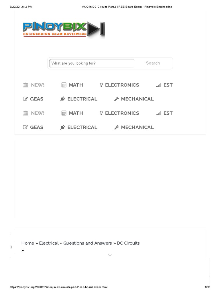 MCQ in DC Circuits Part 2 - REE Board Exam - Pinoybix Engineering | PDF ...