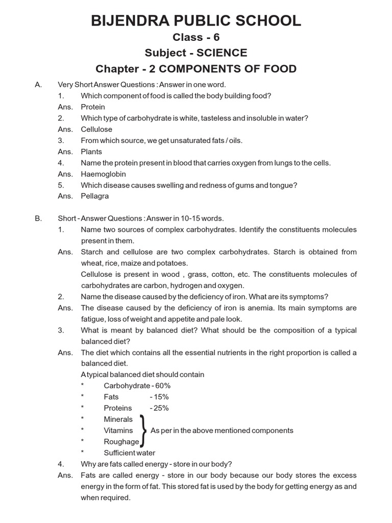 Bijendra Public School: Class - 6 Subject - SCIENCE Chapter - 2 Components of Food | PDF | Foods ...