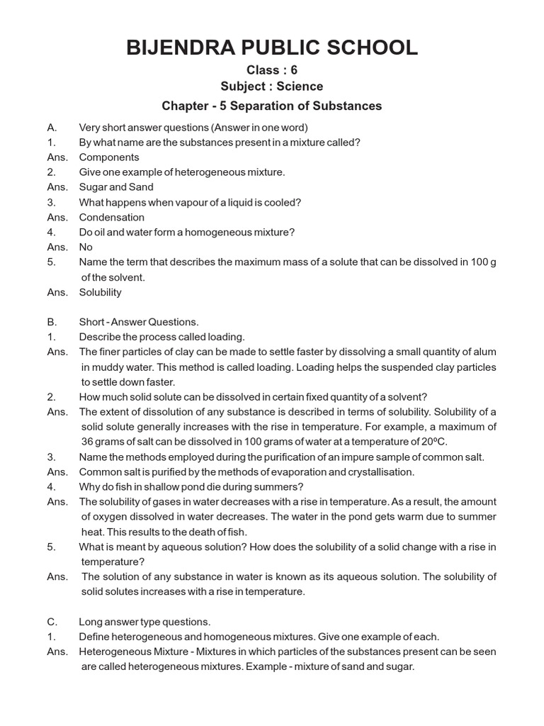 Bijendra Public School: Class: 6 Subject: Science Chapter - 5 ...