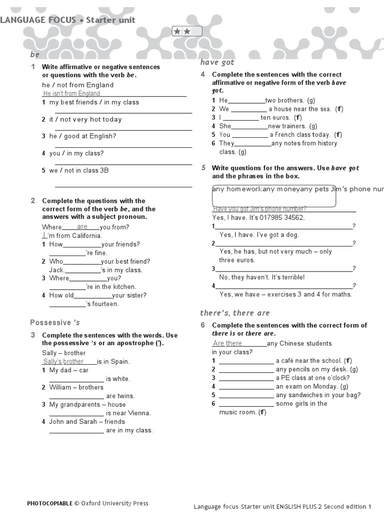 English Plus Starter Language Focus Two Star | PDF | Verb | English ...