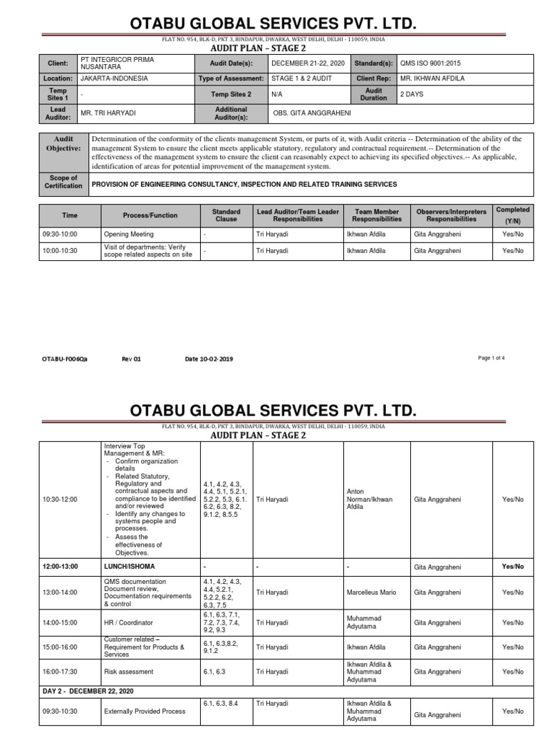 Otabu Global Services Pvt. LTD.: Audit Plan - Stage 2 | PDF | Audit ...