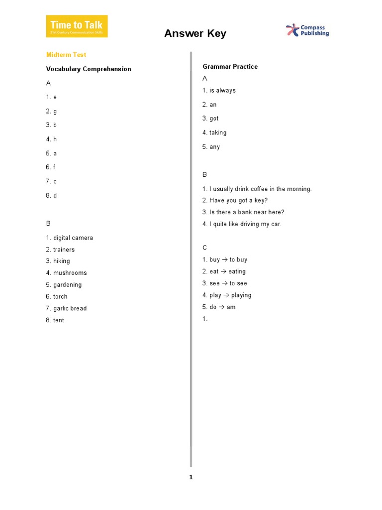 Answer Key: Vocabulary Comprehension Grammar Practice | PDF