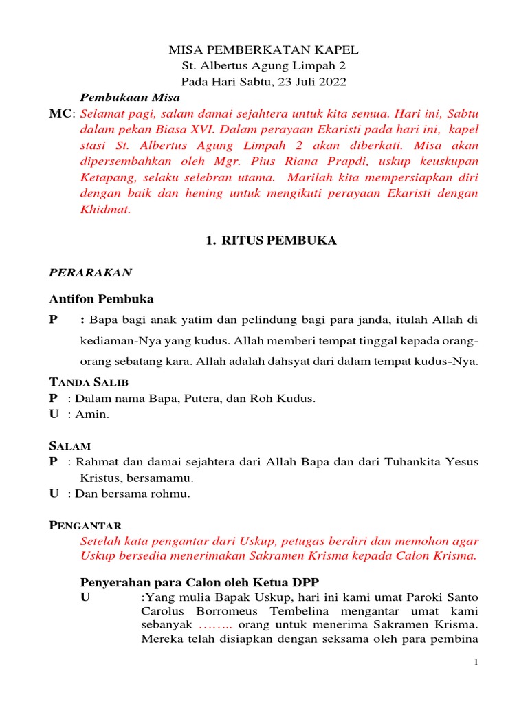 Teks Misa Pemberkatan Kapel St. Albertus Agung, Limpah II | PDF