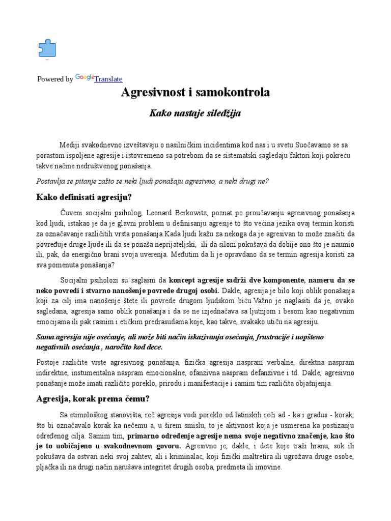 Agresivnost I Samokontrola: Kako Nastaje Siledžija | PDF