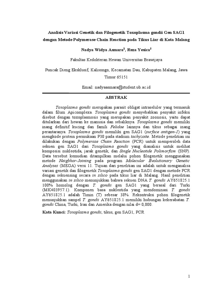 Analisis Variasi Genetik Dan Filogenetik Toxoplasma Gondii Gen SAG1 ...