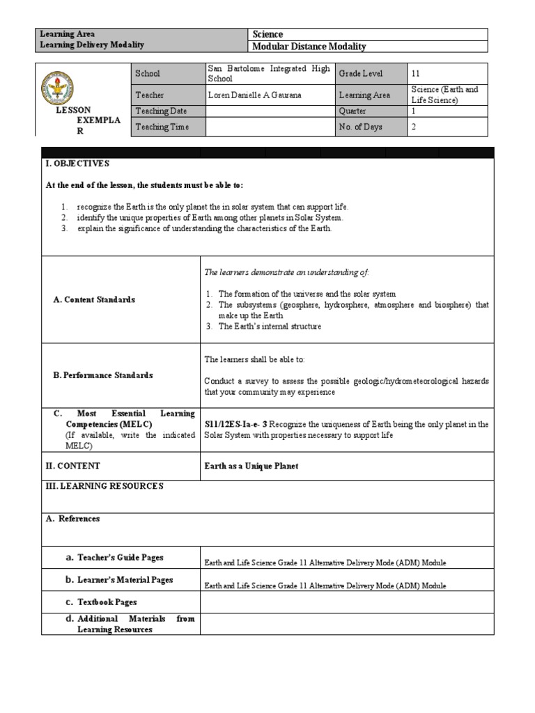 WEEK 1 - LE1 - Earth As A Unique Planet | PDF | Learning | Earth