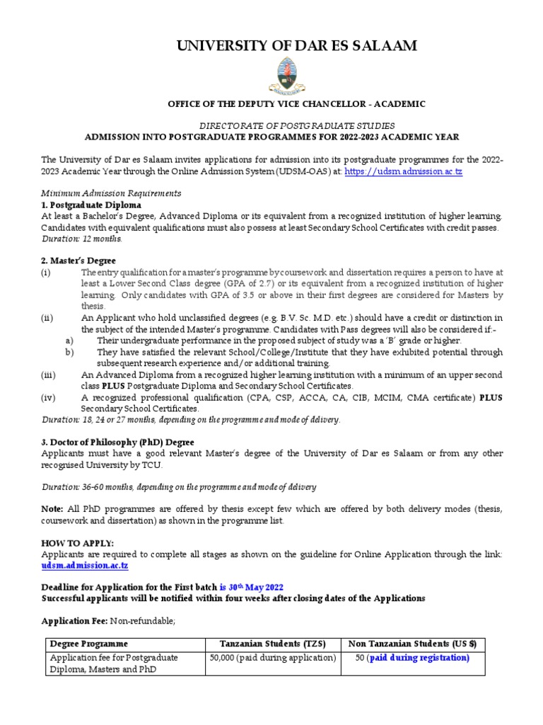 UDSM Postgraduate Programmes 2022-2023 Academic Year FINAL | PDF ...