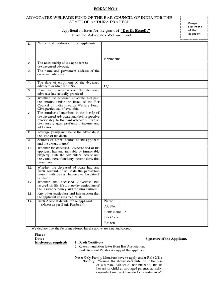 Advocate Death Benefit Application Form | PDF | Advocate | Welfare