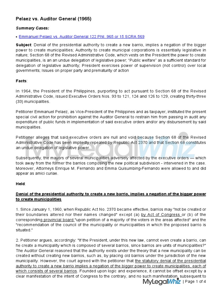 Emmanuel Pelaez Vs Auditor General 122 Phil 965 or 15 SCRA 569 | PDF ...