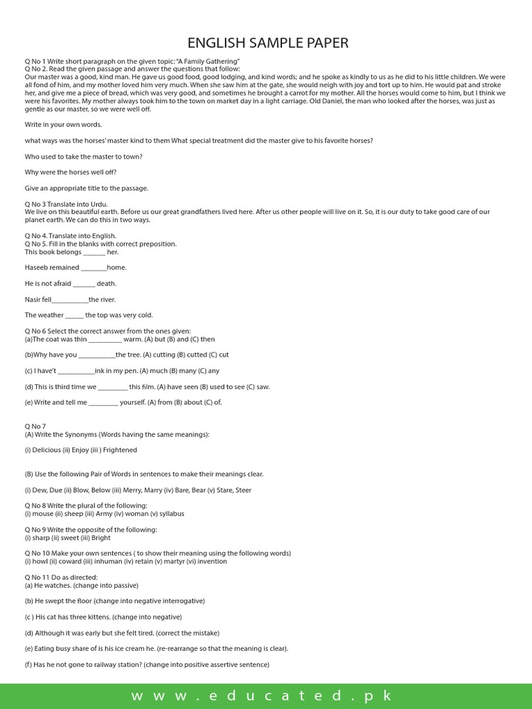 Cadet Colleges Entry Test Sample Papers PDF English Mathematics ...