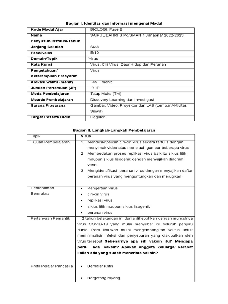 Modul Ajar Biologi Virus | PDF