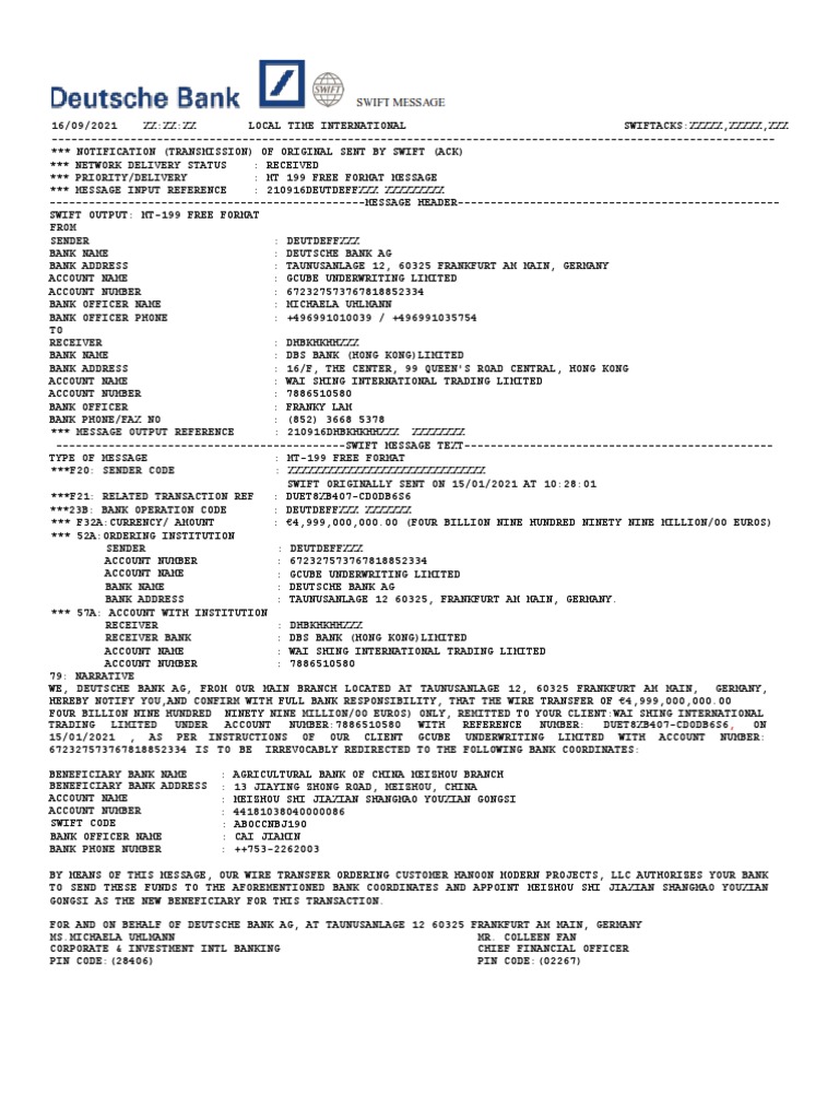 SWIFT MT199 Confirmation: Deutsche Bank to DBS Bank | PDF | Wire ...