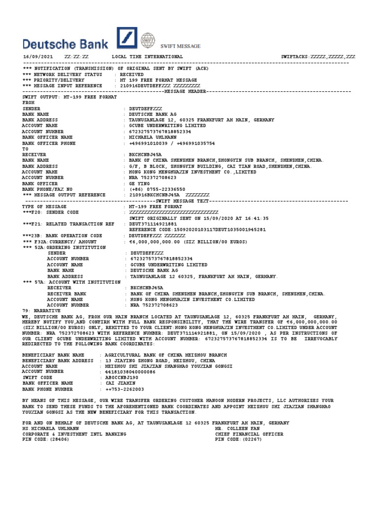 MT199 Transfer Confirmation by Deutsche Bank | PDF | Wire Transfer | Banks