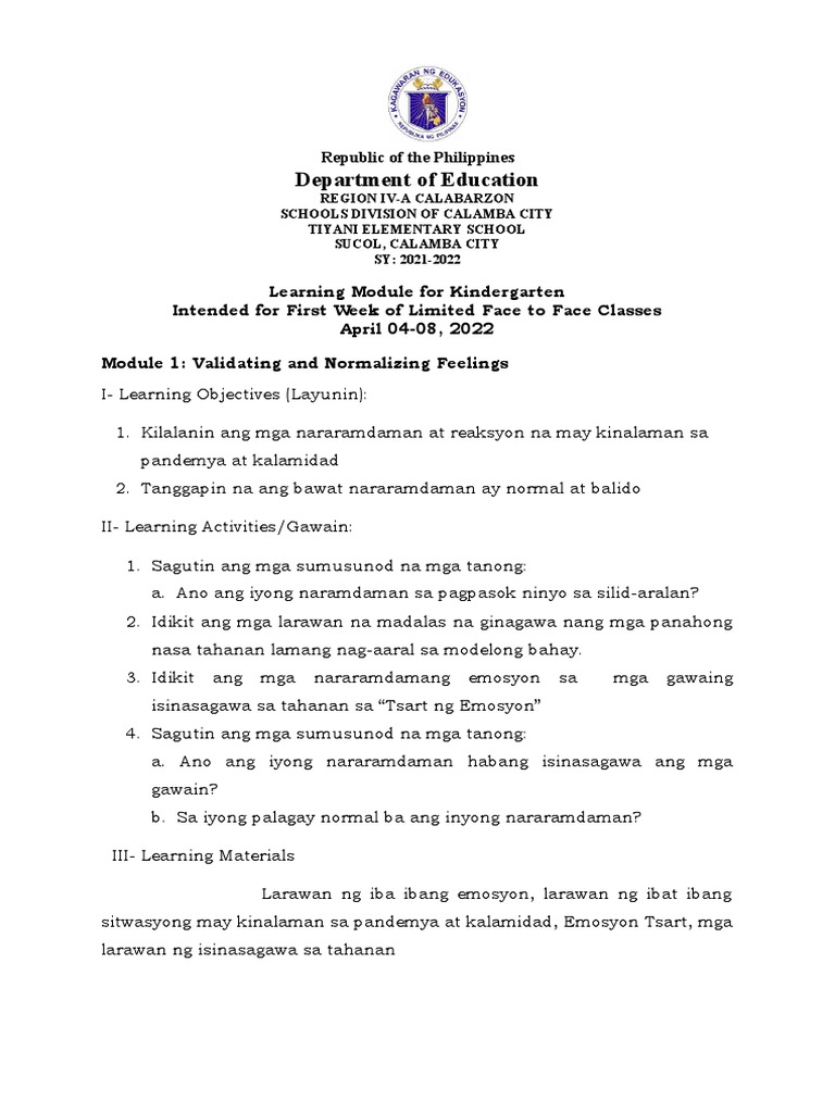 Teacher Made Module For Kindergarten Face To Face Initial ...