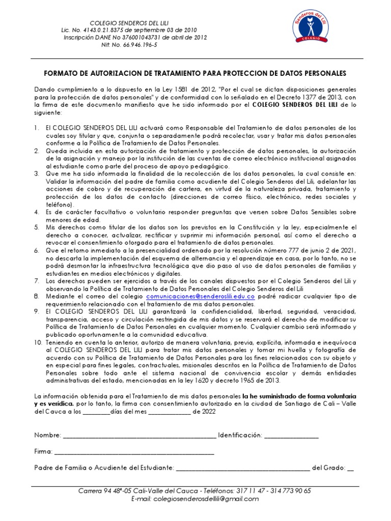 Formato de Autorización de Tratamiento para Protección de Datos ...