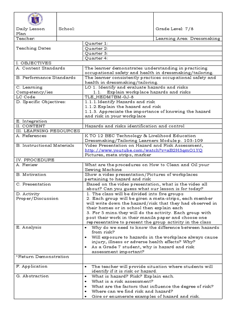 Identifying Hazards and Risks in Dressmaking: A Daily Lesson Plan for ...