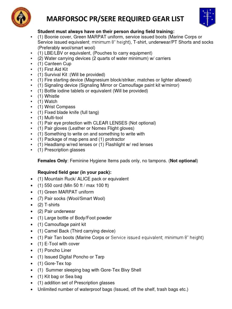 MARSOC PR/SERE Gear Requirements | PDF | Manufactured Goods | Equipment