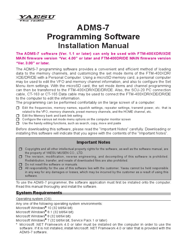 ADMS-7 Programming Software: Installation Manual | PDF | Usb | Operating System
