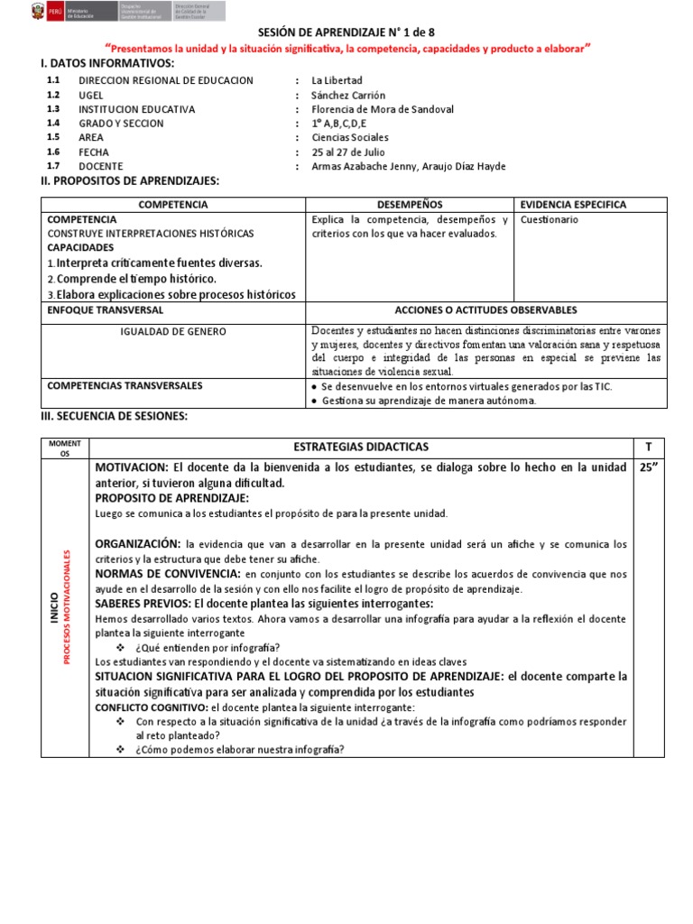 CC - SS 1° Sesion de Aprendizaje | PDF | Evaluación | Aprendizaje