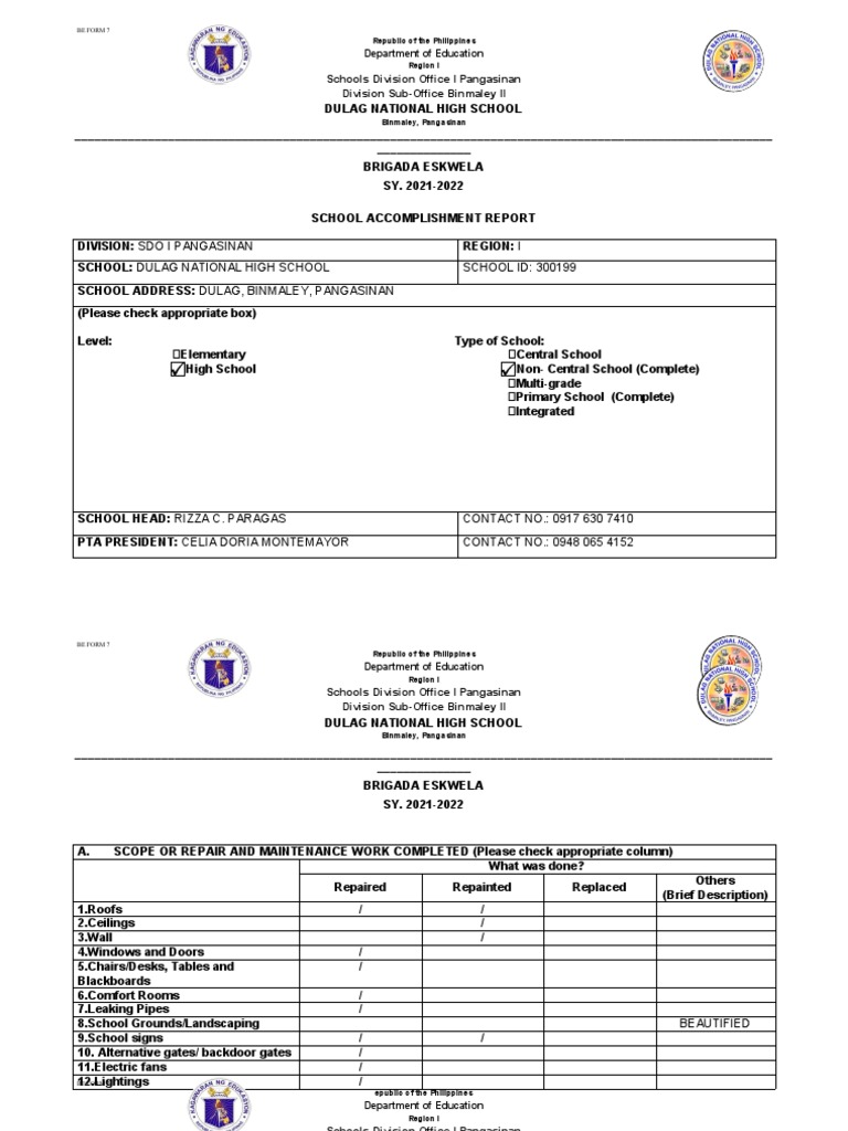 BRIGADA-ESKWELA-FORM-7-SCHOOL-ACCOMPLISHMENT-REPORT | PDF