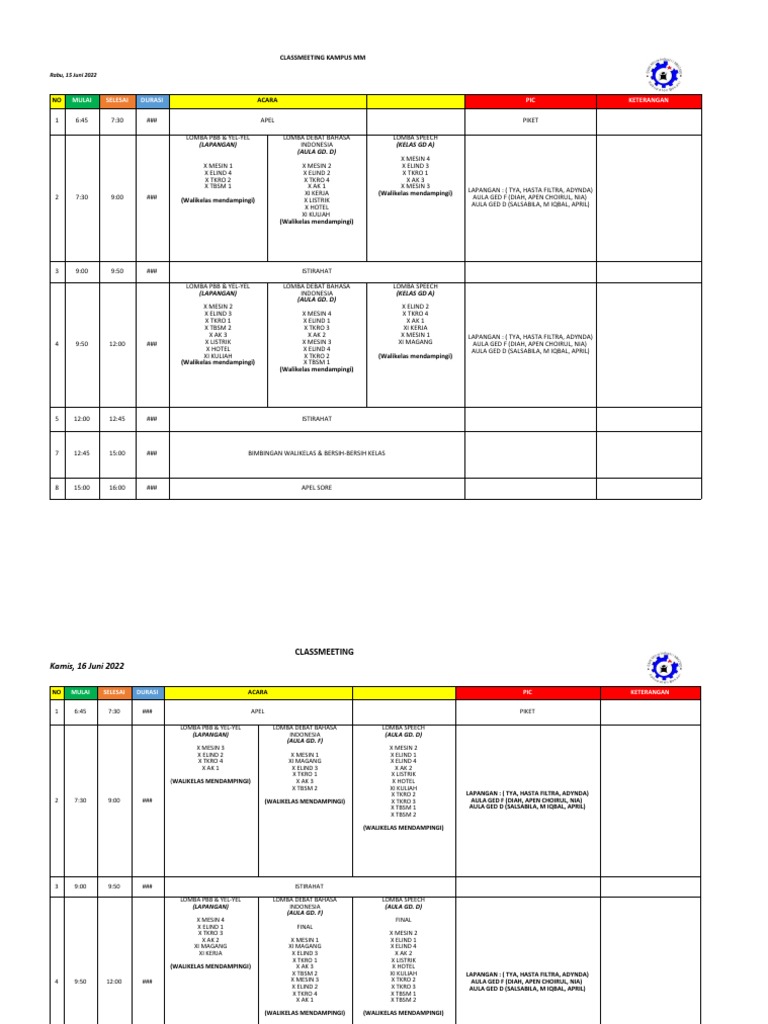 Rundown Classmeet 2022 | PDF