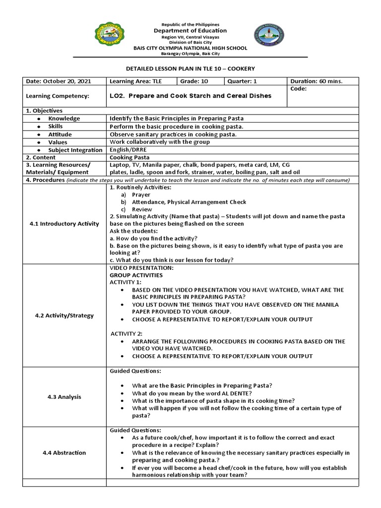 TLE 10 Cookery | PDF | Pasta | Learning