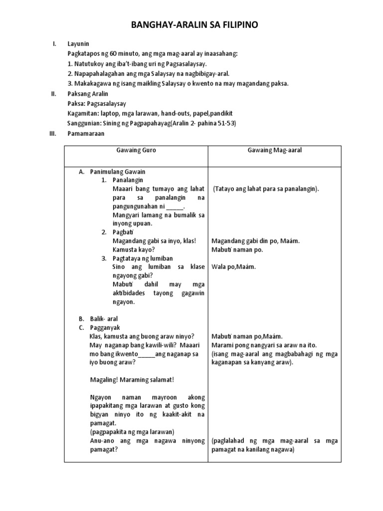 Banghay Aralin Sa Filipino | PDF