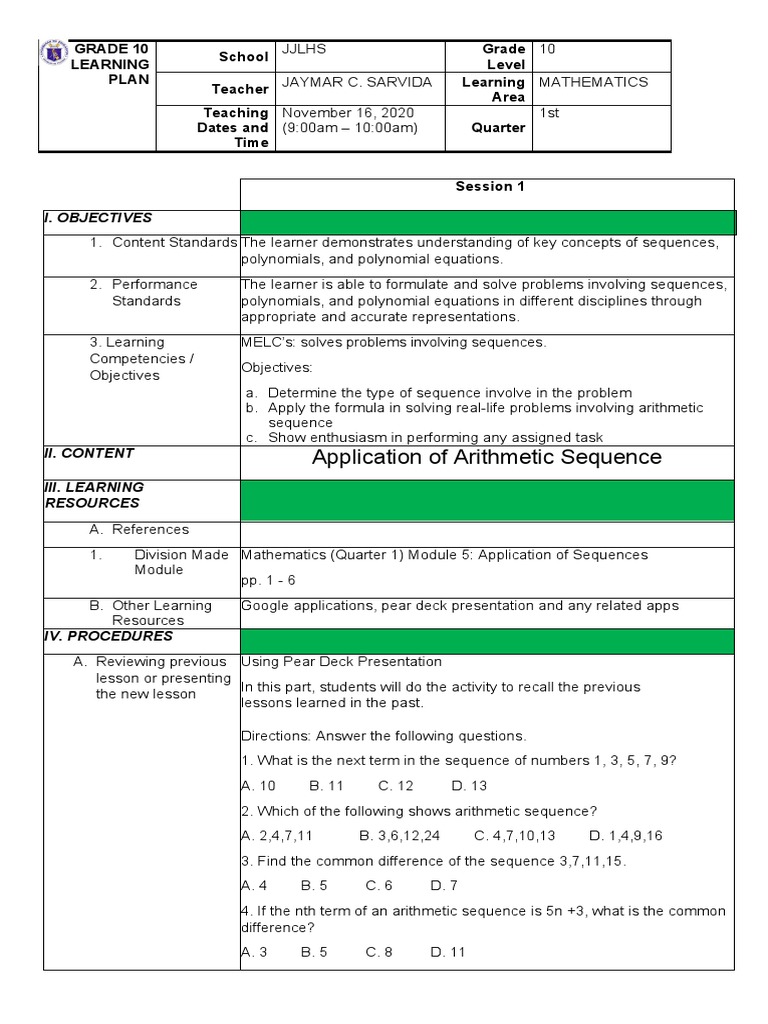 Application of Arithmetic Sequence: I. Objectives | PDF | Learning ...