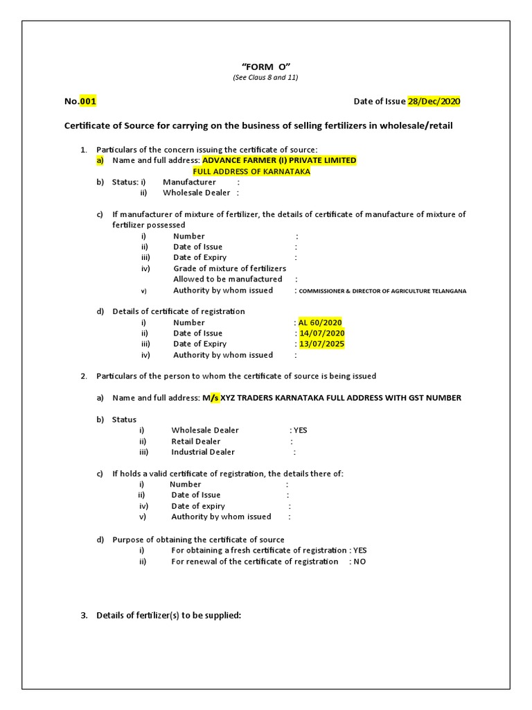 "Form O" No.001 Certificate of Source For Carrying On The Business of Selling Fertilizers in ...