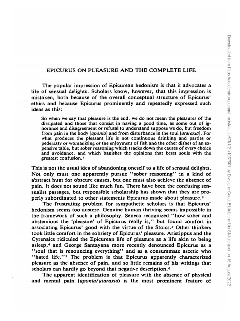 Epicurus On Pleasure and The Complete Life | PDF | Pleasure | Hedonism