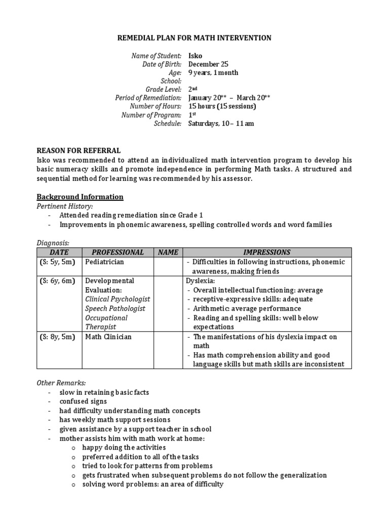 sample-Remedial-Plan-case-profile | PDF | Dyslexia | Learning