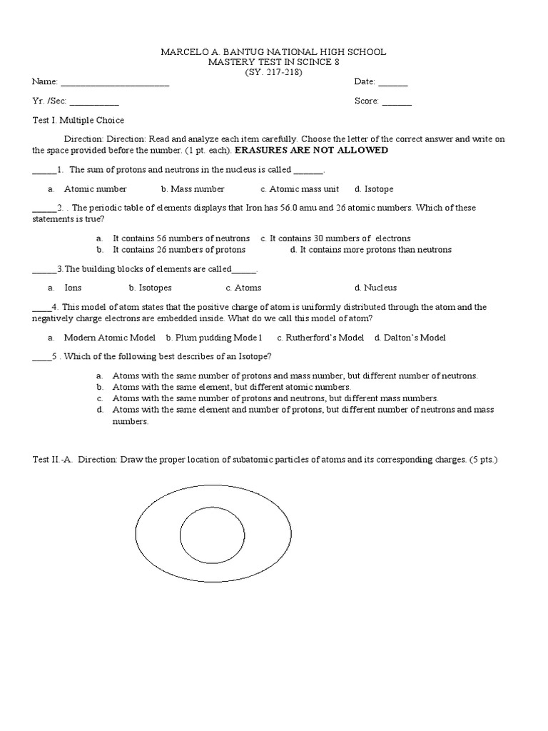 Grade 8 Science Mastery Test | PDF | Atoms | Proton