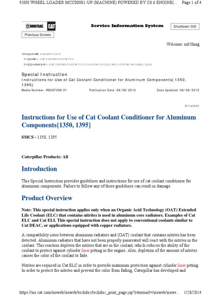 Instructions For Use of Cat Coolant Conditioner For Aluminum Components ...